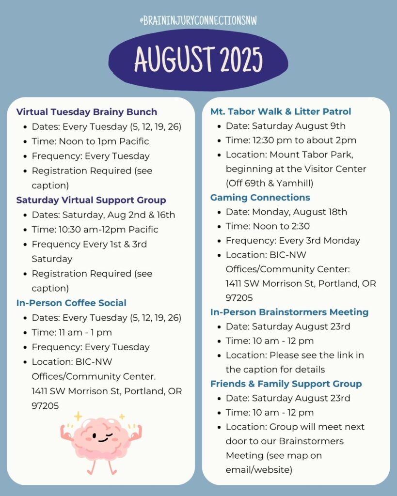 August Calendar – Brain Injury Connections NW